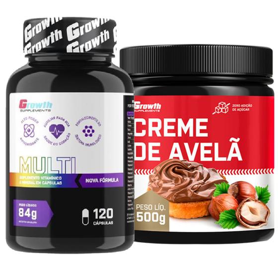 Multivitaminico 120 Caps + Creme Avelã Fit 500g Growth - Growth ...