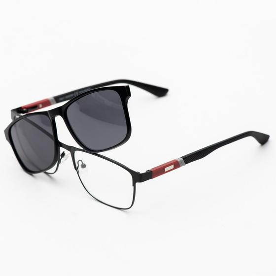 Óculos Clipon Sol Armação Masculino Retangular Grau Metal 2 em 1 Tom ...