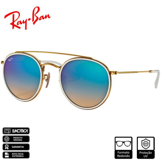 Óculos de Sol Ray-Ban Original Round Double Bridge Polido Ouro Azul ...