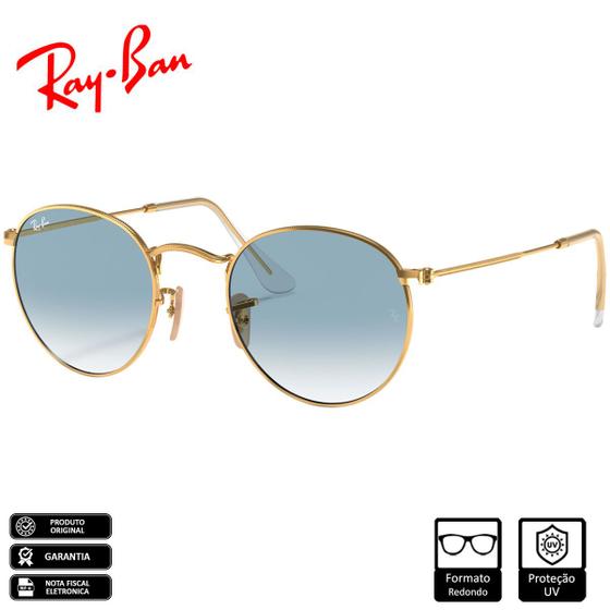 Óculos de Sol Ray-Ban Round Flat Lenses Ouro Polido Azul Claro Degradê ...