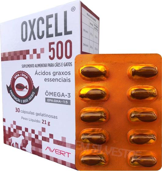 Oxcell 500 30 Cápsulas Suplemento Alimentar Omega 3 Cães Gatos Avert ...