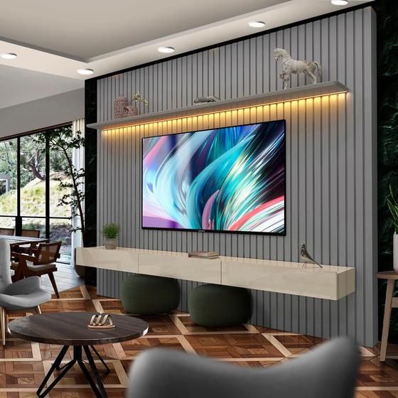 Painel 85 Polegadas Com Led E Nicho 3 Gavetas Cinza Off White Anivia ...