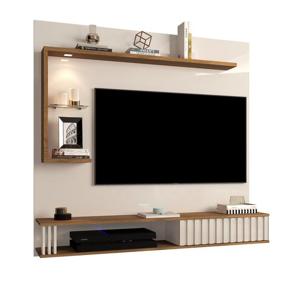 Painel Allune Wood Ripado TV 50" LED Sala Quarto Off White Freijó ...