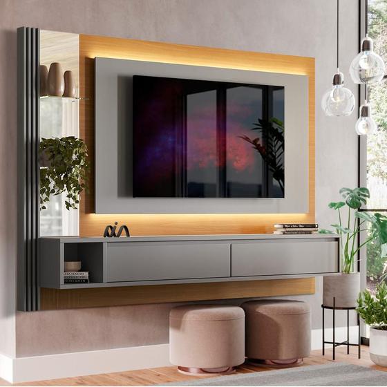 Painel Com Detalhe Ripado LED E Espelho TV Até 65 Polegadas Cinza Marrom Cato Shop JM - Painel ...