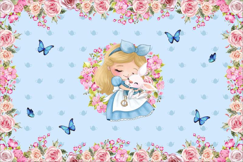 Painel de Lona Alice no País das Maravilhas Cute Coelho Flores ...
