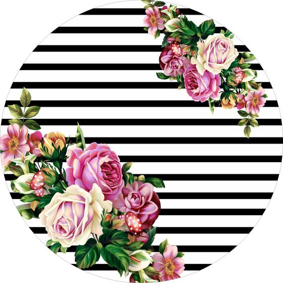 Painel de Lona Redondo Flores e Rosas Fundo Listras - Fabrika De Festa ...