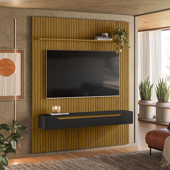 Painel Duetto Ripado P/Tvs até 65 Polegadas C/Nicho Suspenso 180cm Cedro/Preto - Olivar Móveis ...