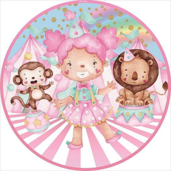 Painel Festa Decoração Redondo Sublimado Circo Rosa Aquarela 1,50X1,50 ...