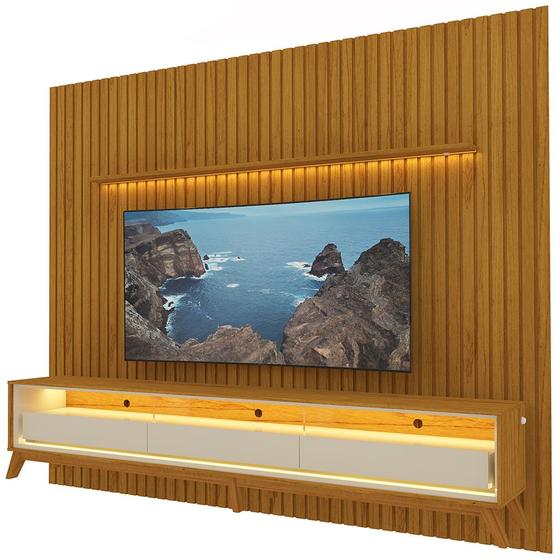 Painel Gelius Nobre com ripas autênticas e Rack requinte com LED largura 275 cm para TV de 85 ...