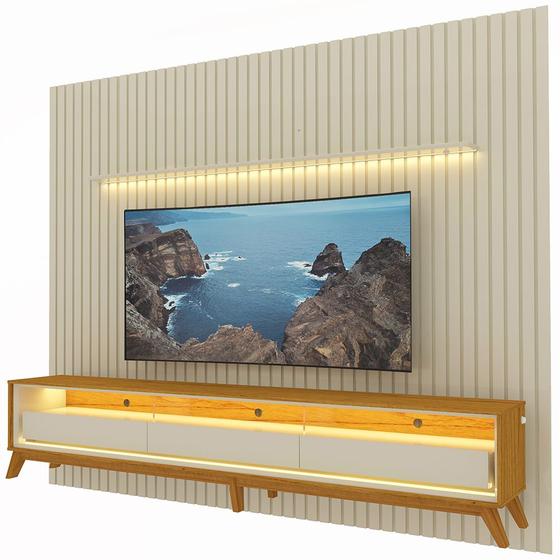 Painel Gelius Nobre com ripas autênticas e Rack requinte com LED largura 275 cm para TV de 85 ...