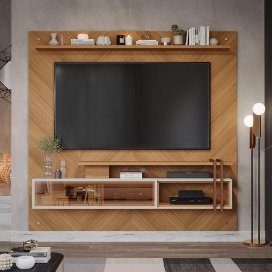 Painel Home Para TV Sala Quarto até 65 Polegadas 200cm Mdf Marrom Nature Branco Off White 1 ...