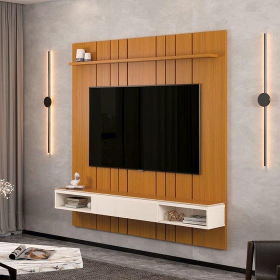Painel home suspenso com nicho off white de 1 gaveta grande e alto Cle. 1.80m para TV até 75 ...