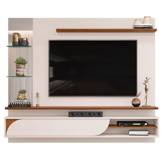 Painel para TV 60 Polegadas Ravi com Espelho e Prateleiras Off White/Freijó - DJ Móveis - Painel ...