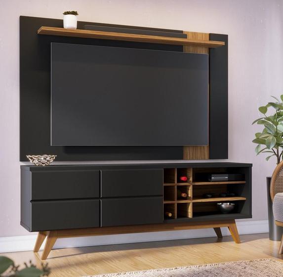 Painel Para Tv 70 Polegadas e Bancada com Nicho Adega Preto Fosco Noce ...