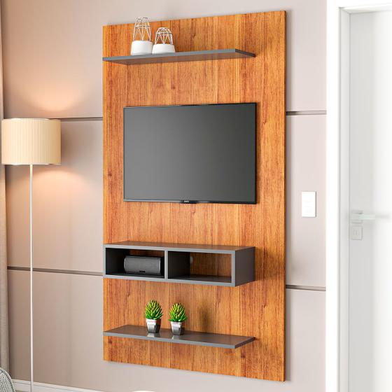 Painel para TV Até 43 Polegadas Isaac 2 Prateleiras 2 Nichos Mel/Cinza - Viero Móveis - Painel ...