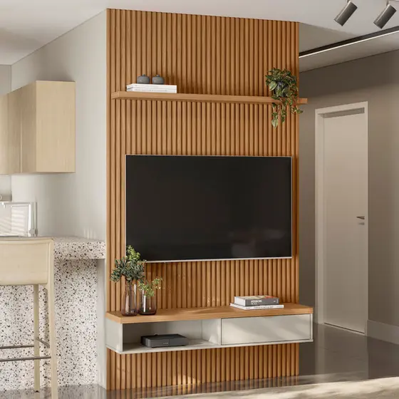 Painel para TV Até 60 Polegadas 1 Porta 140 Cm Nature Ripado/Off White - Linea Brasil - Painel ...
