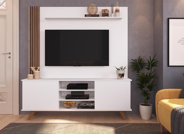 Painel para TV até 60 Polegadas com Rack 2 Portas Branco/Madeirado ...