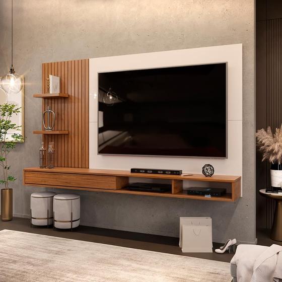 Painel para TV até 60 Polegadas Ripado com Nichos Dj Móveis Bento Freijó/Off White - Painel para ...