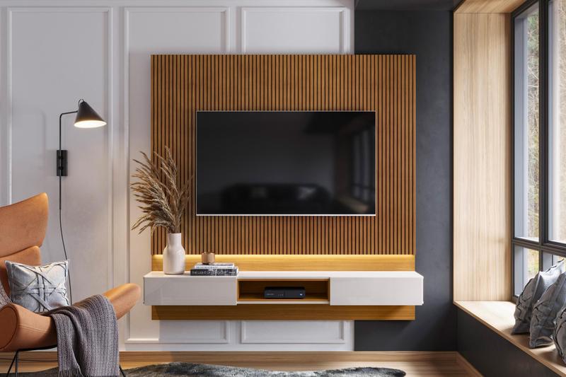 Painel para TV até 70 Polegadas Paris Com LED Tauari Ripado/Off White ...