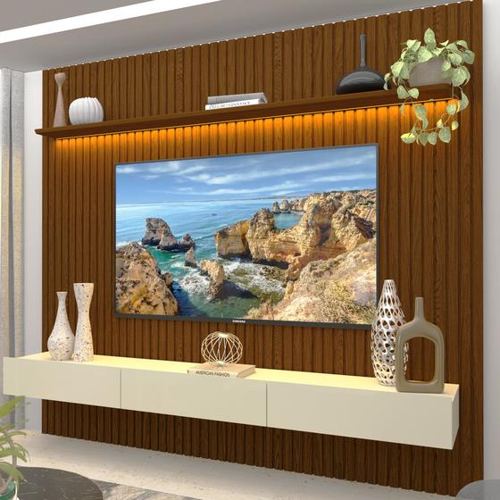 Painel para TV até 90 Polegadas 229x250cm Ripado com LED 3 Gavetas 100% ...