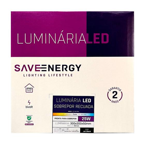 Painel Plafon Led Sobrepor Recuado 30X30cm 25W 4000K Preto Bivolt ...