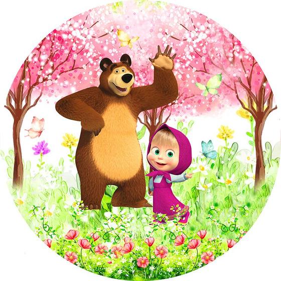 Painel Redondo Marsha e o Urso Em Tecido 1.5mx1.5 melástico Veste fácil Festa Sublimado ...