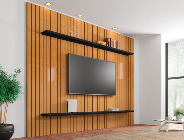Painel ripado 2 prateleiras pata tv 75” nature/preto - RV MÓVEIS ...