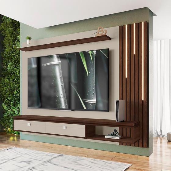 Painel Ripado Com LED TV Até 80 Polegadas Off White Nogal Hanôver ...