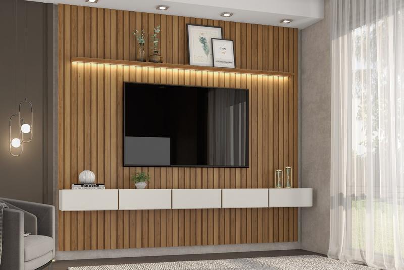 Painel Ripado Versatti Nature 2,75 Com 5 Nicho e Prateleira com LED ...