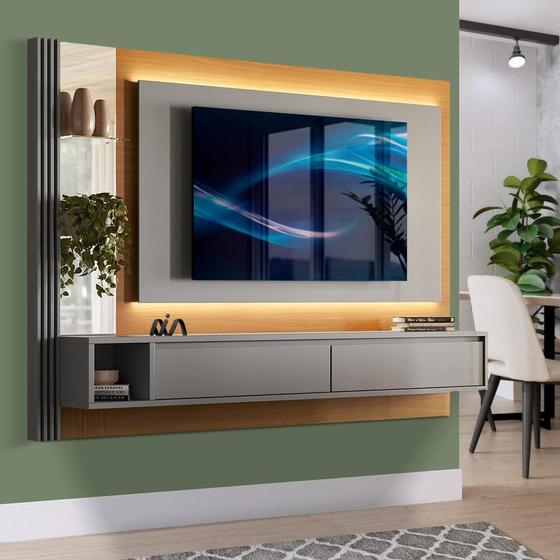 Painel Suspenso Com LED E Espelho TV Até 65 Polegadas Cinza Marrom Caprice Shop JM - Painel para ...