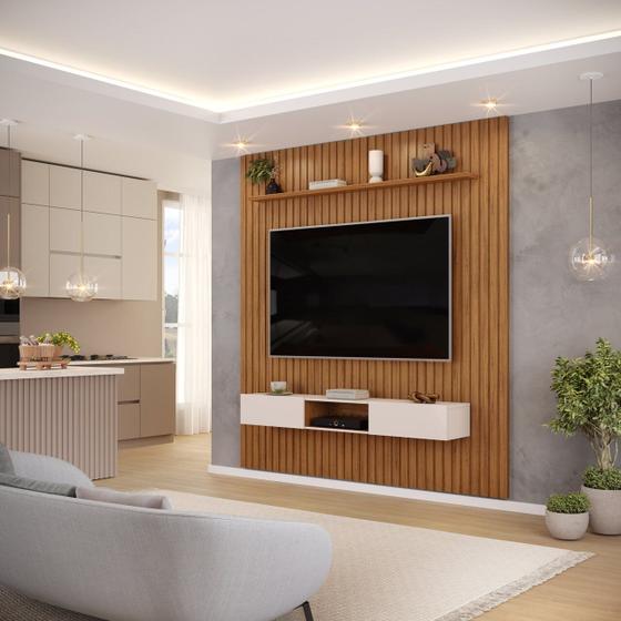 Painel Suspenso Ripado C/ Bancada Suspensa 2 Portas Sala Estar TV Até 75 Polegadas 1 Prateleira ...