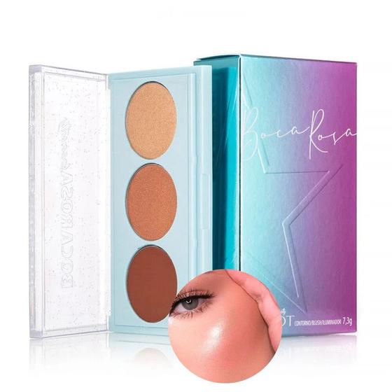 Paleta Trio Hollywood Iluminador Contorno Blush Maquiagem Boca Rosa ...