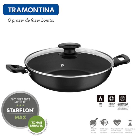 Panela Frigideira Wok Loreto Com Tampa de Vidro Tramontina 3,3Litros 28cm Starflon Max Grafite ...