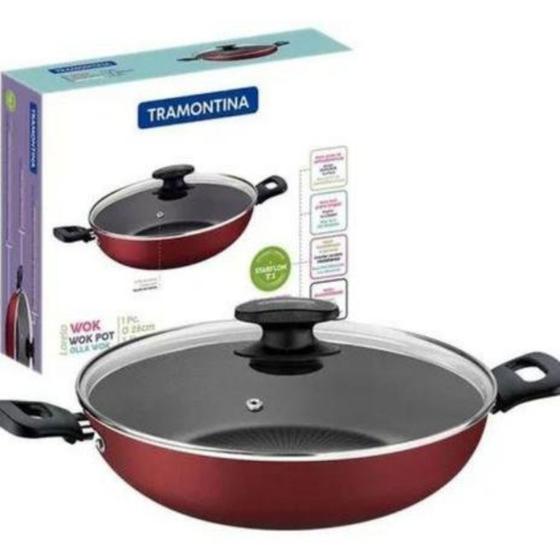 Panela Wok 28Cm 3,3L Tramontina Alumínio Antiaderente com tampa de ...