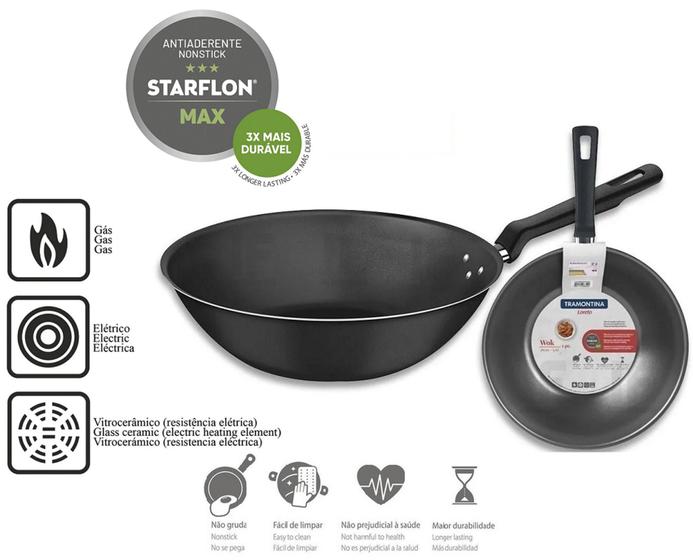 Panela Wok Antiaderente Tramontina 28cm 3,6 Litros Loreto Starflon Max Grafite - Panela Wok ...