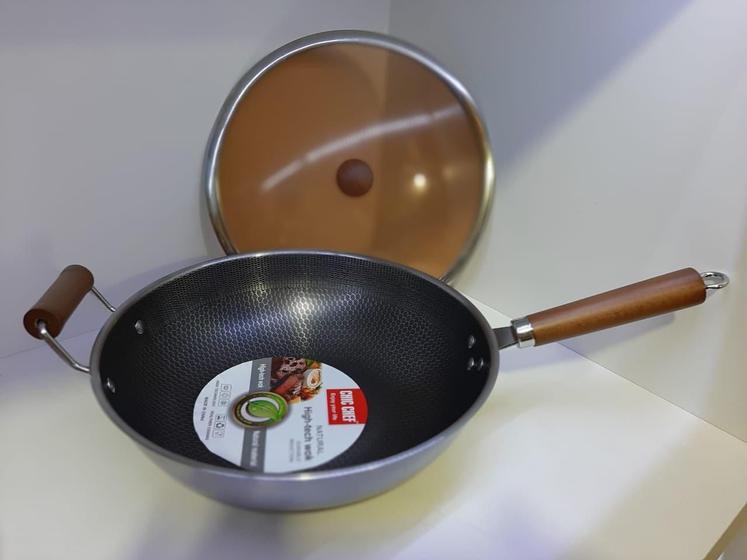 Panela wok chic chefem aco inoxidavel importada com cabos de madeira e ...