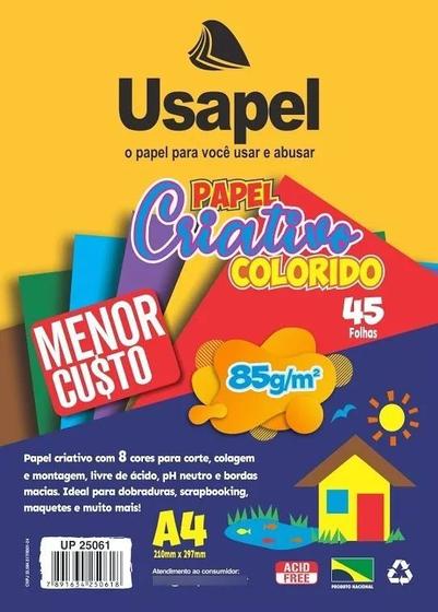 Papel Criativo Colorido A4 85g Usapel 8 Cores c/ 45 Folhas - Papel ...
