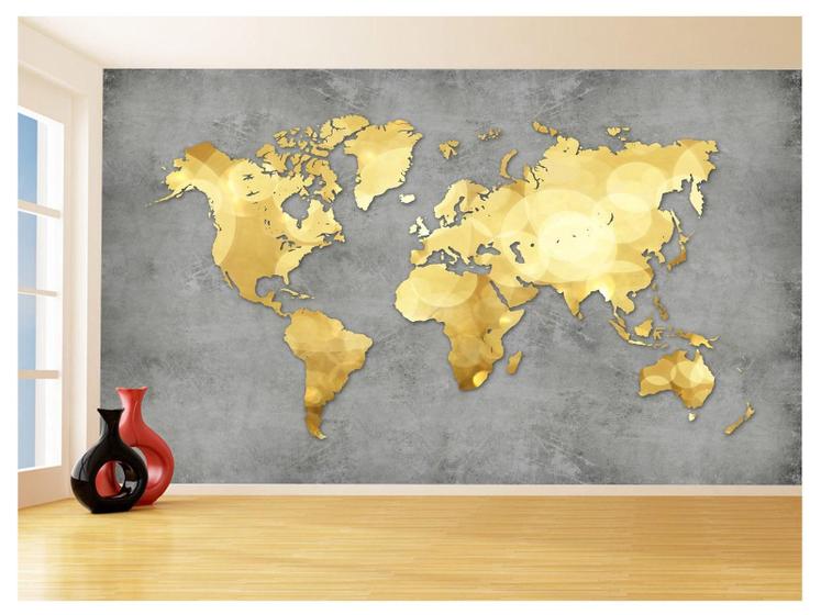 Papel De Parede 3D Mapa Mundi Concreto Dourado 3,5M Nmu30 - Você Decora ...