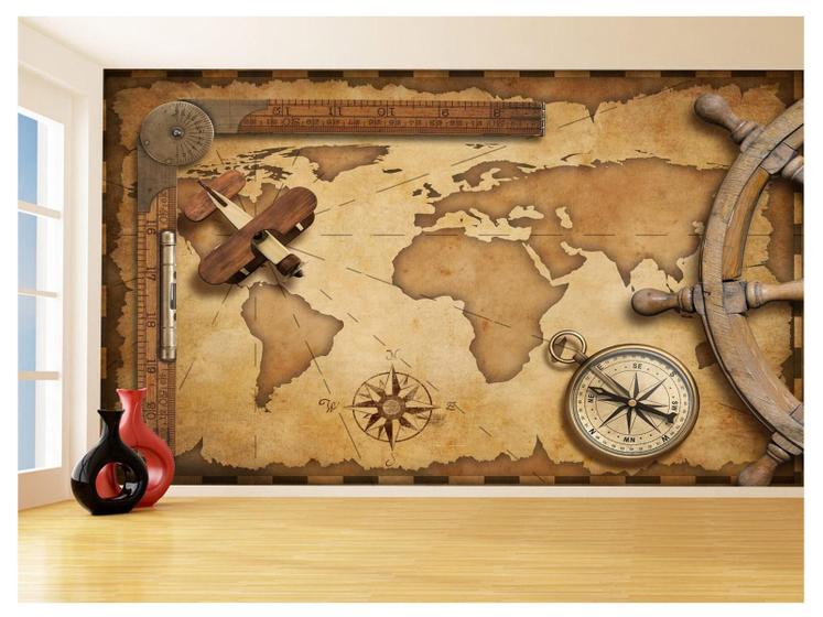 Papel De Parede 3D Mapa Mundi Retrô Vintage Arte 3,5M Nmu79 - Você ...