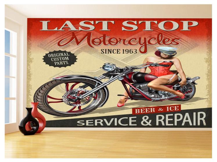 Papel De Parede 3D Moto Retrô Arte Pinup Custom 3,5M Bkm133 - Você ...