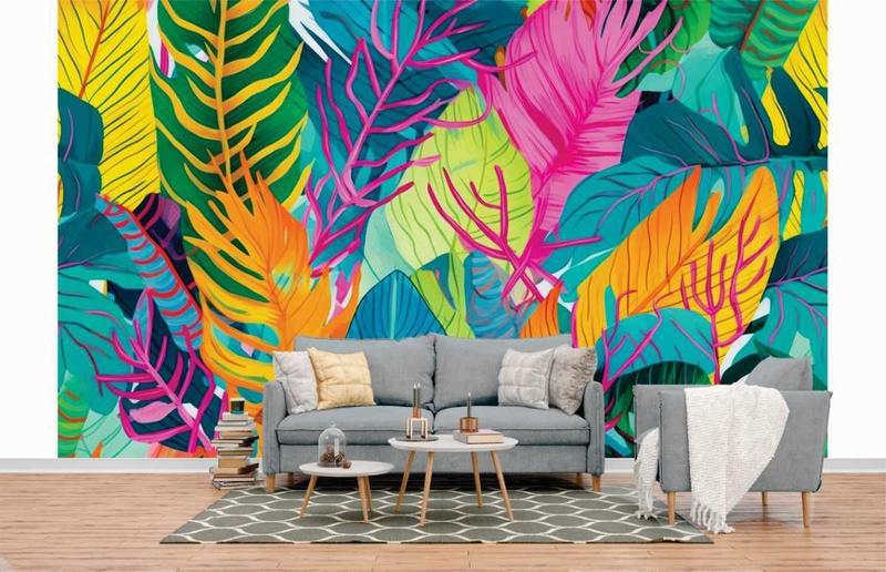 Papel de Parede 3D Painel 4M Folha Figueira Colorida Vivo Folhagem Auto ...