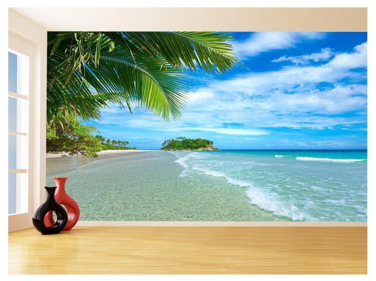 Papel De Parede 3D Praia Mar Onda Coqueiros Céu 3,5M Npr258 - Você ...