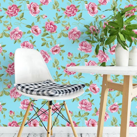 Papel de Parede Floral Fundo Azul e Detalhes em Verde e Rosa - Decore - Papel de Parede ...