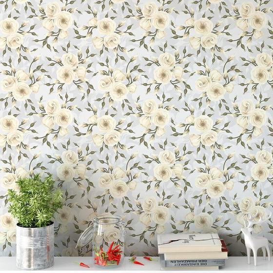 Papel De Parede Floral Off White Com Fundo Cinza 2,50M - Decore Papéis De Parede - Papel de ...
