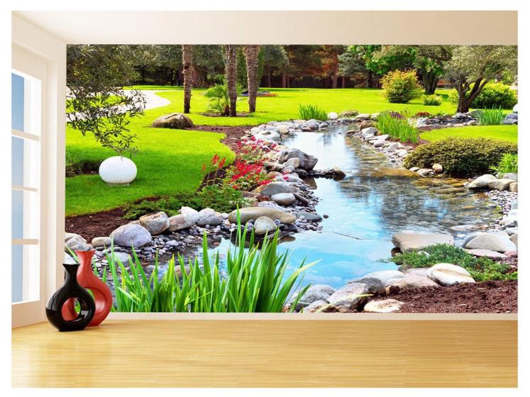Papel De Parede Jardim Rio Flores Lago Árvores 3,5M Jjp46 - Você Decora - Papel de Parede ...