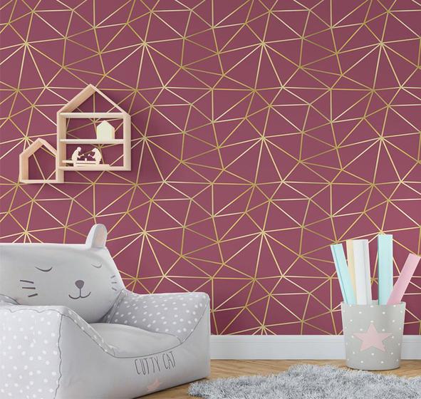 Papel de Parede Lavável HD Vinil Adesivo Zara Roxo Traços Dourados ...