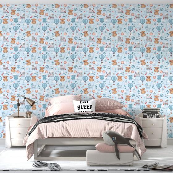 Papel De Parede Vinílico Neném Nuvem Azul Ursinho Quarto 3m ...