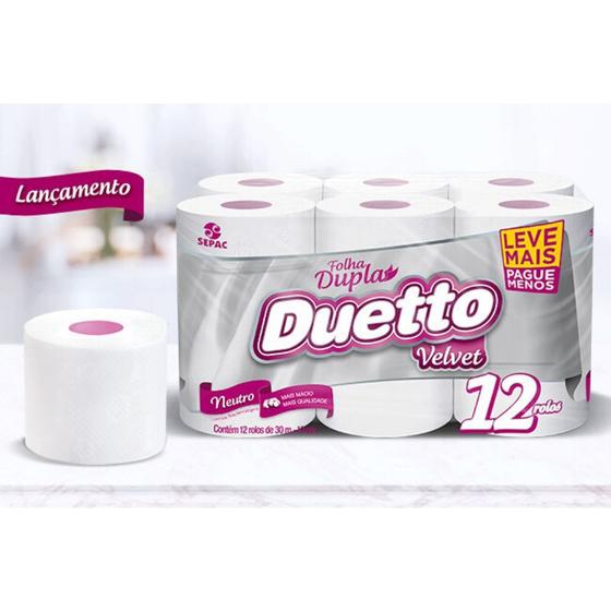 Papel Higiênico Duetto Velvet Folha Dupla 12 Rolos 30 Mts Papel