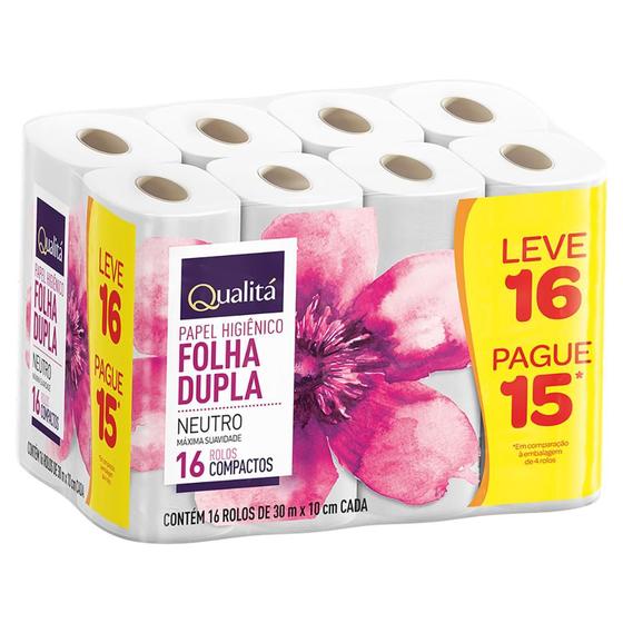 Papel Higiênico Folha Dupla Neutro Qualitá 30m Pacote Leve 16 Pague 15