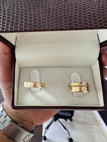Par de Alianças de Ouro 18k legítimo 4mm 4 gramas + Anel solitário ...